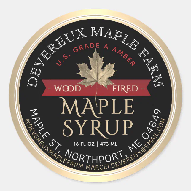 Maple Syrup Wood Fired Red Banner Gold Leaf Classic Round Sticker | Zazzle