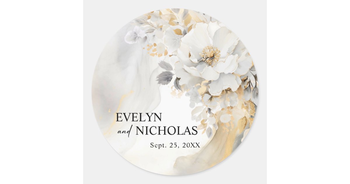 Marble Agate Gold Grey Floral Peony Flower Wedding Classic Round ...