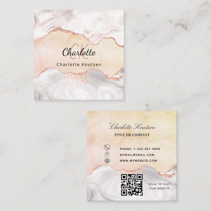 Marble agate rose gold monogram QR code Square Business Card | Zazzle