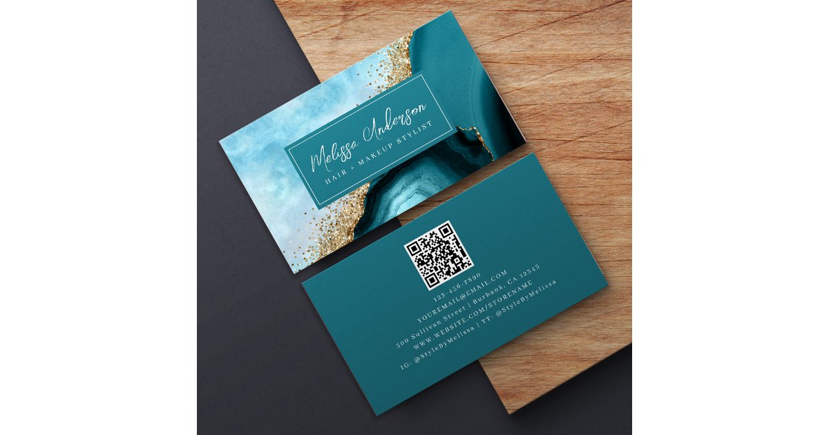 Marble Agate Teal Gold Glitter QR Code Business Card | Zazzle