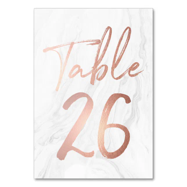 Marble and Rose Gold Script | Table Number Card 26 | Zazzle
