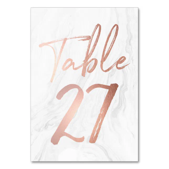 Marble and Rose Gold Script | Table Number Card 27 | Zazzle