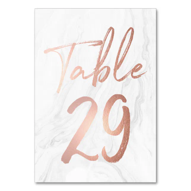 Marble and Rose Gold Script | Table Number Card 29 | Zazzle