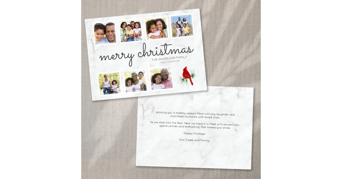 Marble Cardinal Script Photo Collage Christmas Holiday Card | Zazzle