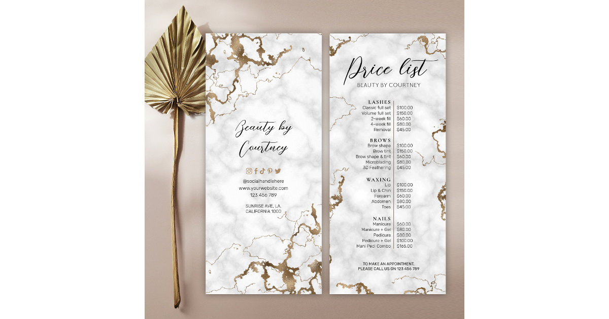 Marble Faux Gold Script Font Salon Price List Menu | Zazzle