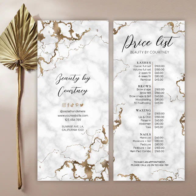 Marble Faux Gold Script Font Salon Price List Menu | Zazzle
