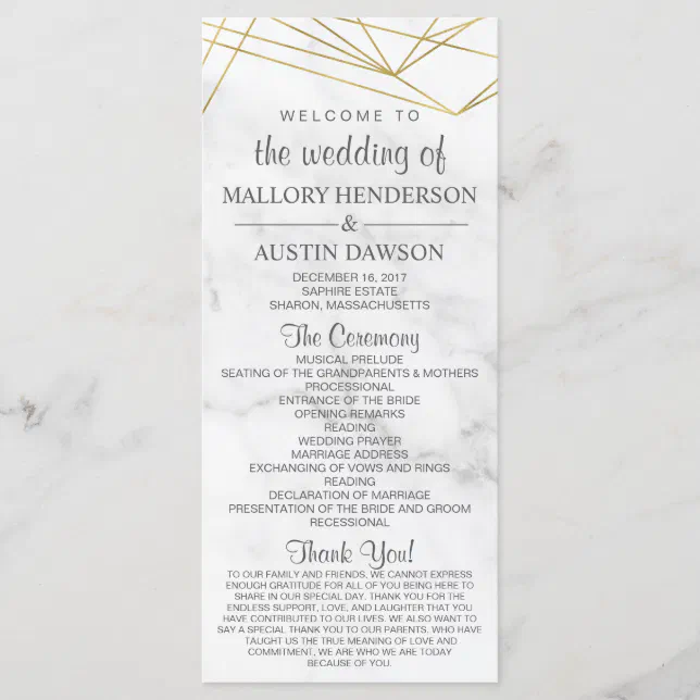Marble Geometric Modern Wedding Program Front/Back | Zazzle