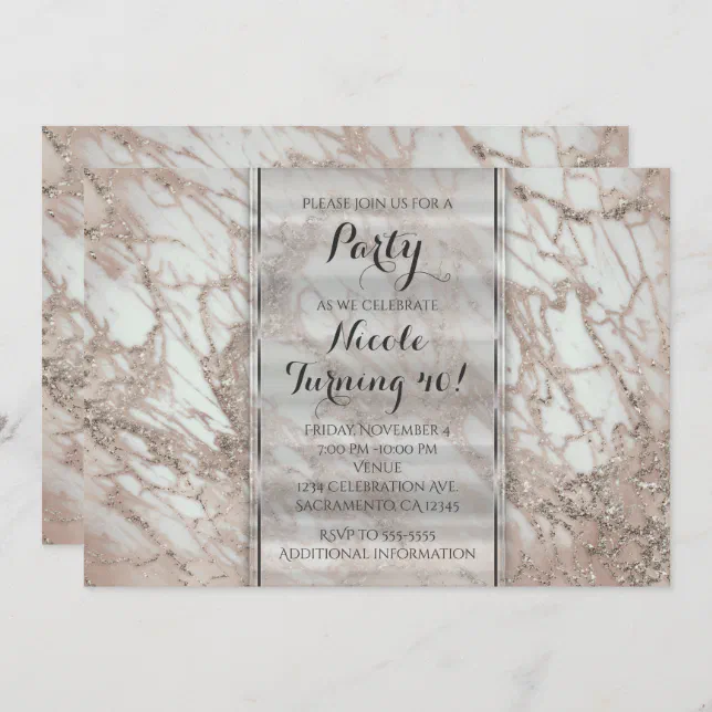 Marble Glam Rose Pink Gold Silver Party Invitation | Zazzle