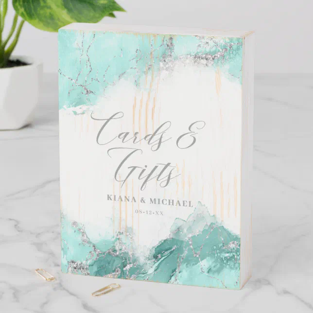 Marble Glitter Cards & Gifts Teal Silver ID644 Wooden Box Sign | Zazzle