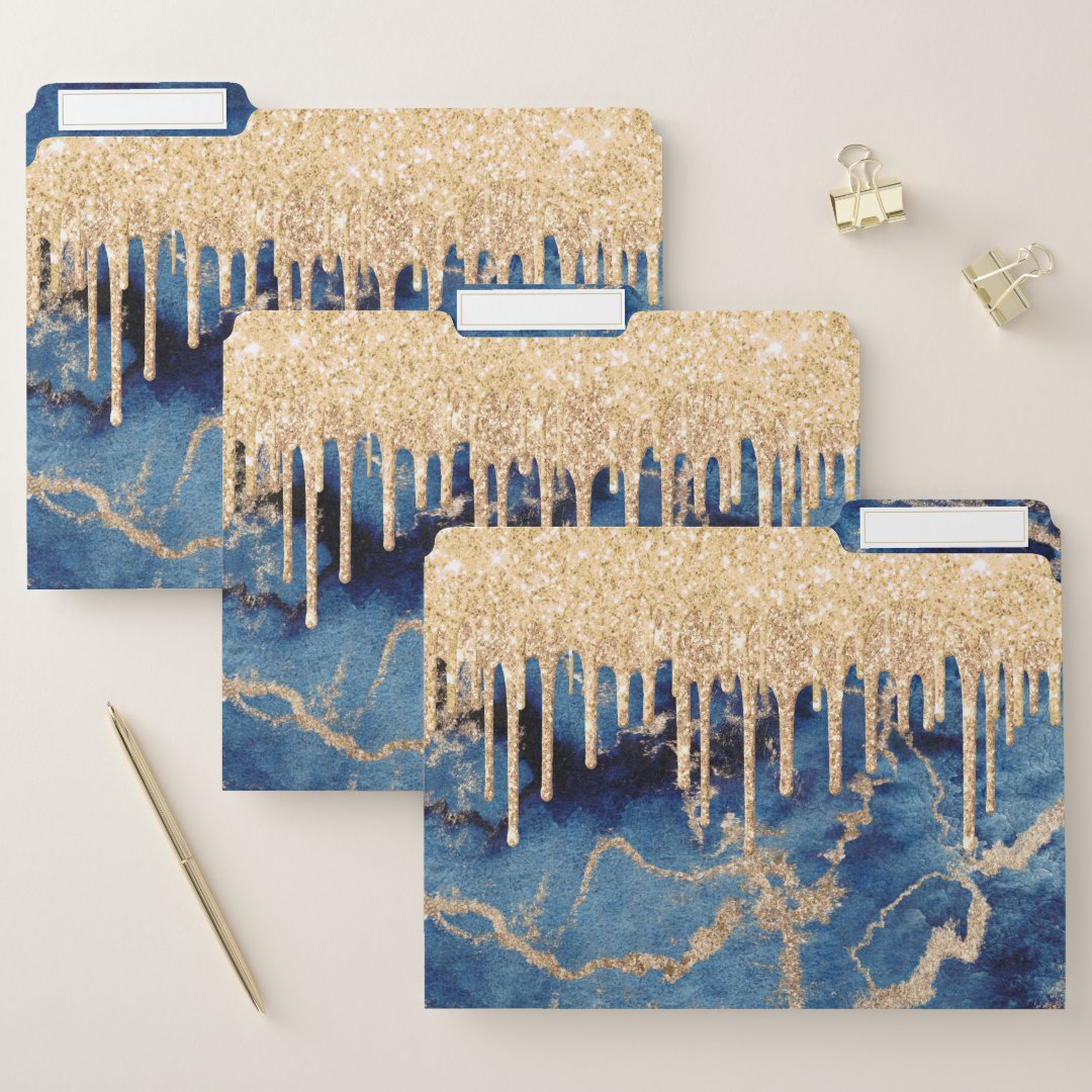 Marble glitter gold blue navy agate geode sparkle file folder | Zazzle