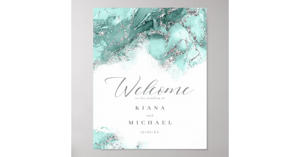 Marble Glitter Wedding Welcome Teal Silver ID644 Poster | Zazzle
