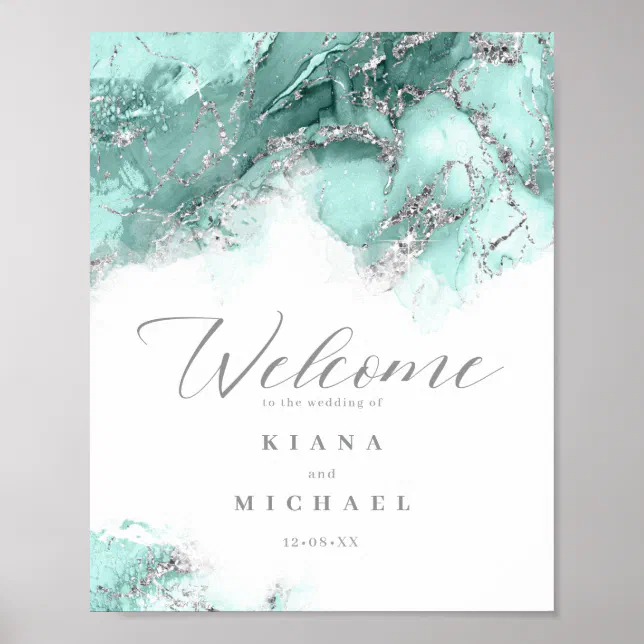 Marble Glitter Wedding Welcome Teal Silver ID644 Poster | Zazzle