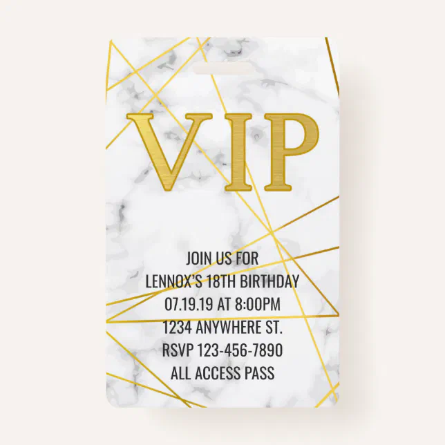 Marble Gold Birthday VIP Pass Badge Invitation | Zazzle