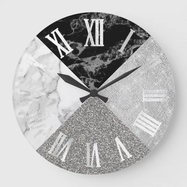 Marble Gray Silver Glitter Geometry Roman Numbers Large Clock | Zazzle