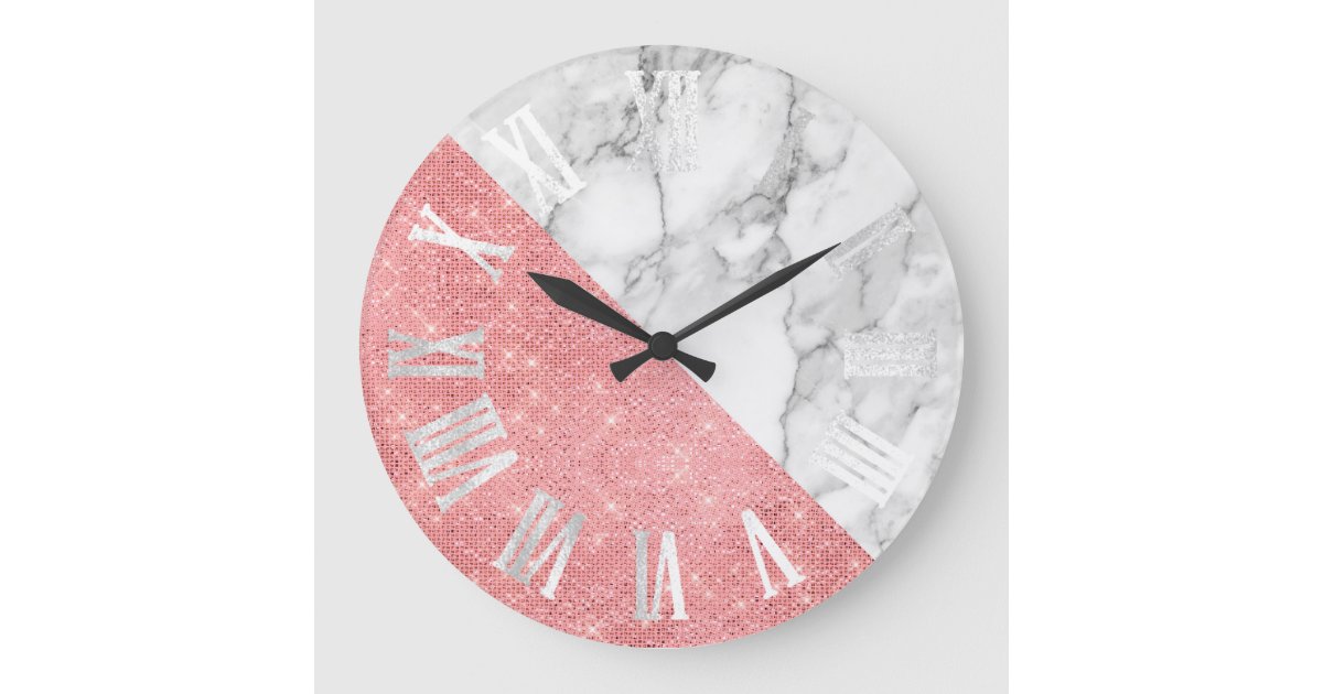 Marble Gray Silver Rose Geometry Roman Numbers Large Clock | Zazzle