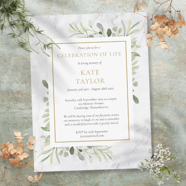 Marble Greenery Celebration of Life Invitation Postcard | Zazzle