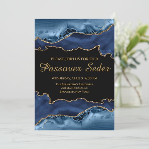 Marble Navy Blue Gold Passover Seder Invitation | Zazzle