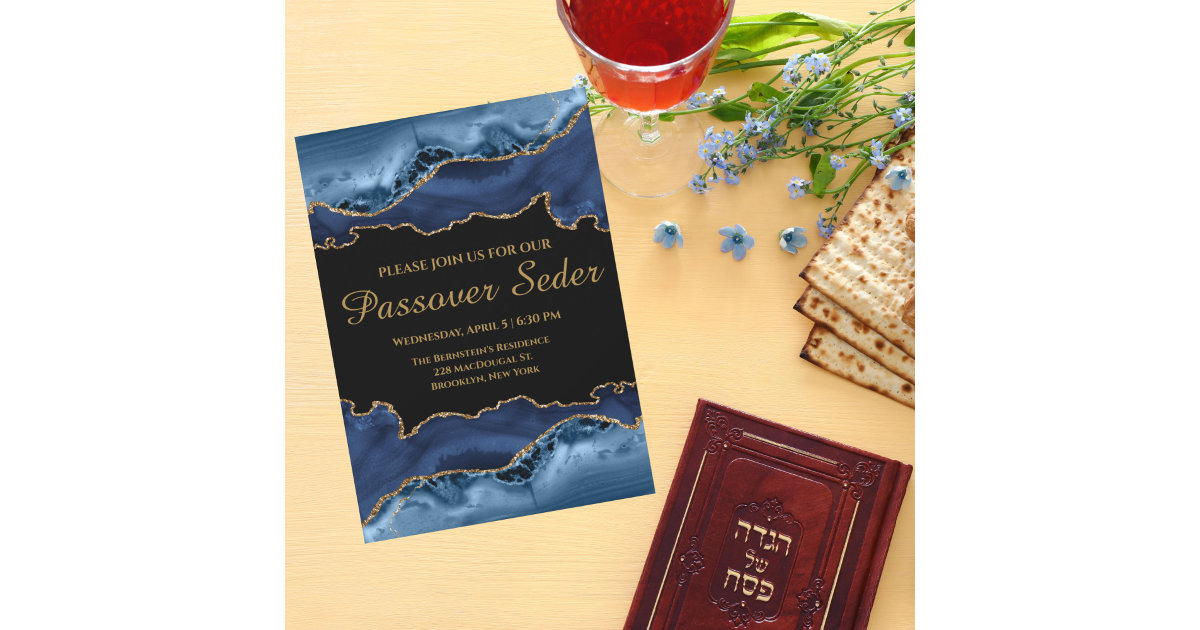 Marble Navy Blue Gold Passover Seder Invitation | Zazzle