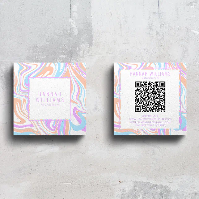 Marble Purple Pastel Agate QR Code Girly Rainbow Square Business Card ...