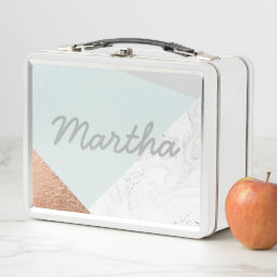 Marble, rose gold, grey and blue lunch box | Zazzle