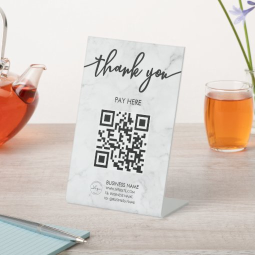 Marble Scan Me QR Code Logo Pedestal Sign | Zazzle