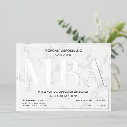 Marble Silver MBA Graduation Foil Invitation | Zazzle
