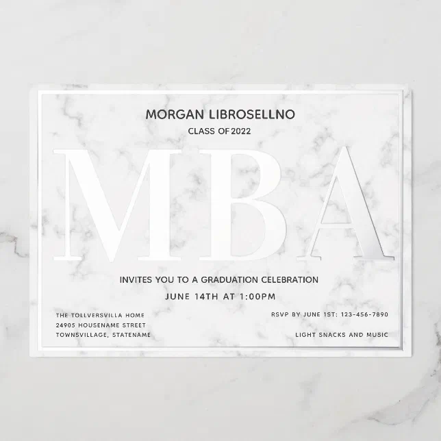 Marble Silver MBA Graduation Foil Invitation | Zazzle