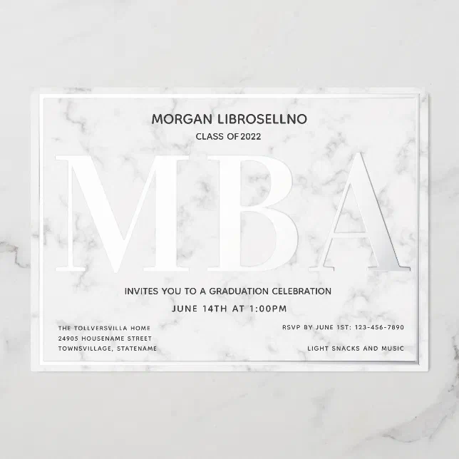 Marble Silver MBA Graduation Foil Invitation | Zazzle