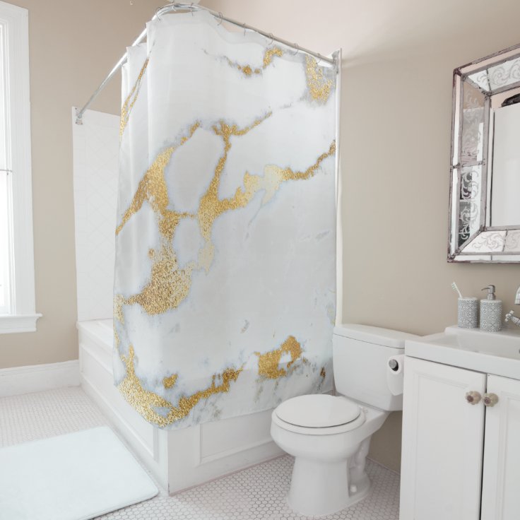 Marble Stone Abstract White GraySilver Metal Gold Shower Curtain | Zazzle