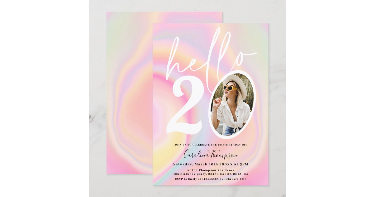 Marble unicorn rainbow pastel photo chic hello 20 invitation | Zazzle