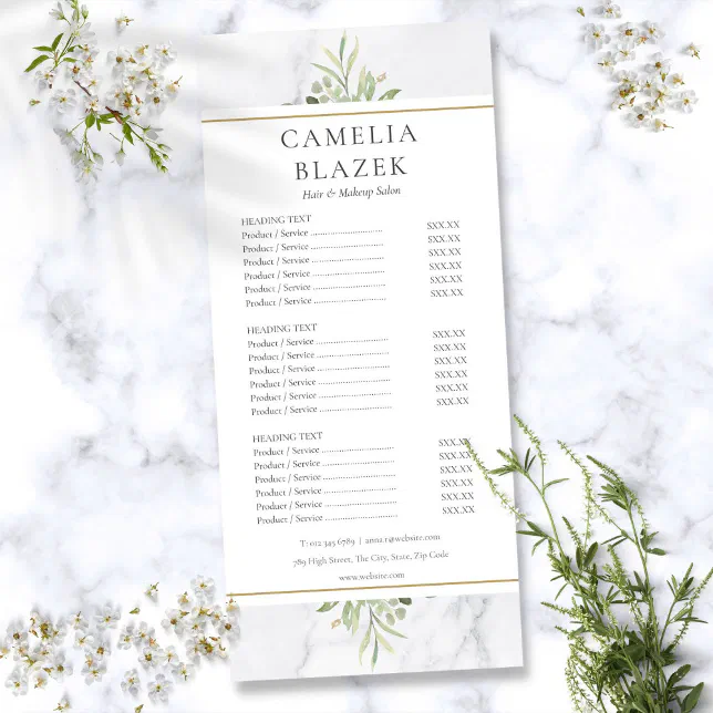 Marble Watercolor Greenery Salon Service Menu | Zazzle