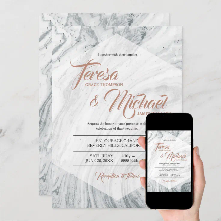 Marble Wedding invitation, Faux Rosegold, Polygon Invitation | Zazzle