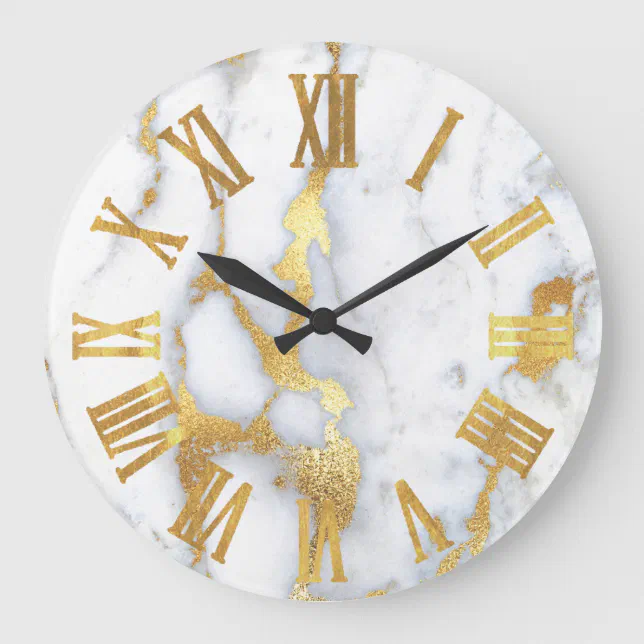 Marble White Gray Gold Metallic Roman Numbers Large Clock | Zazzle