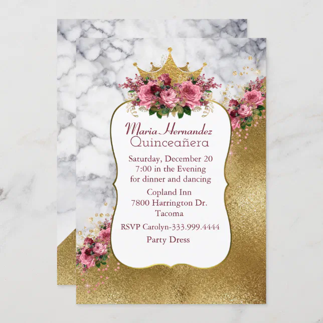 Marbled and Gold Crown Quinceañera Invitation | Zazzle