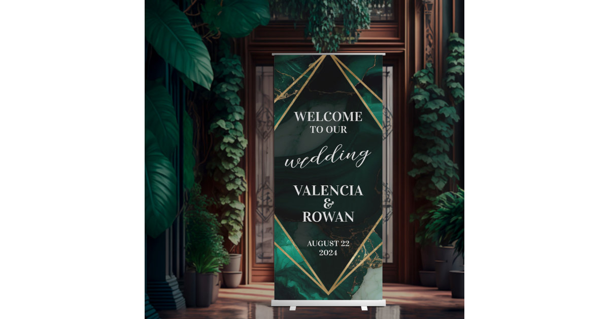 Marbled Emerald Green and Gold Wedding Retractable Banner | Zazzle