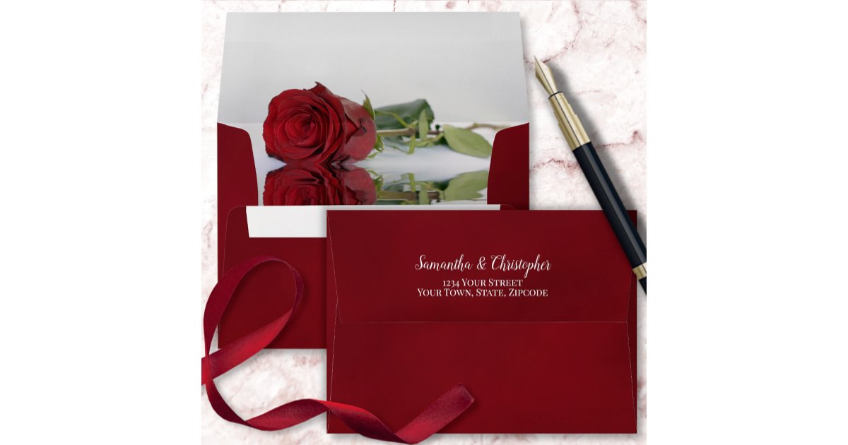 Marbled Red with Red Rose Elegant Wedding Envelope | Zazzle