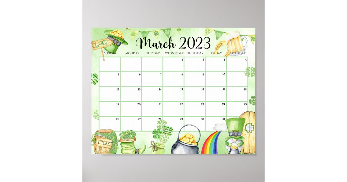 March 2023 Green Printable Calendar Poster | Zazzle