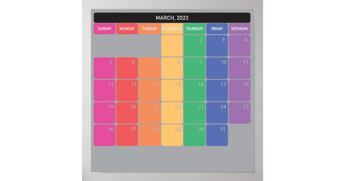 March 2023 planer calendar color days poster | Zazzle