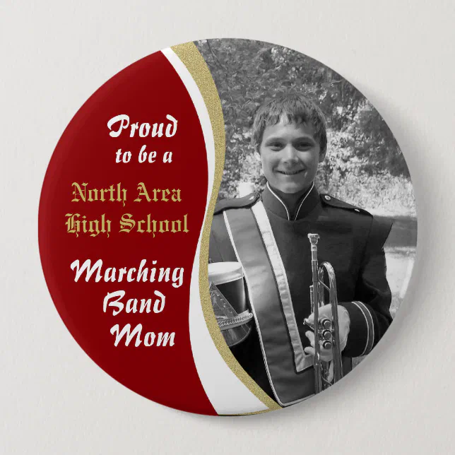 Marching Band Mom with Photo Dark Red Button | Zazzle