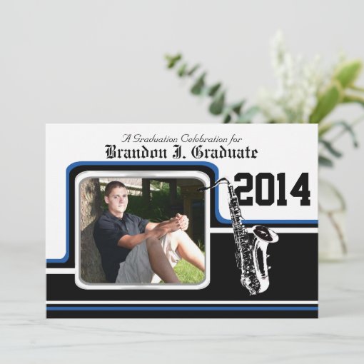 Marching Band Saxophone Graduation Photo Blue Invitation | Zazzle