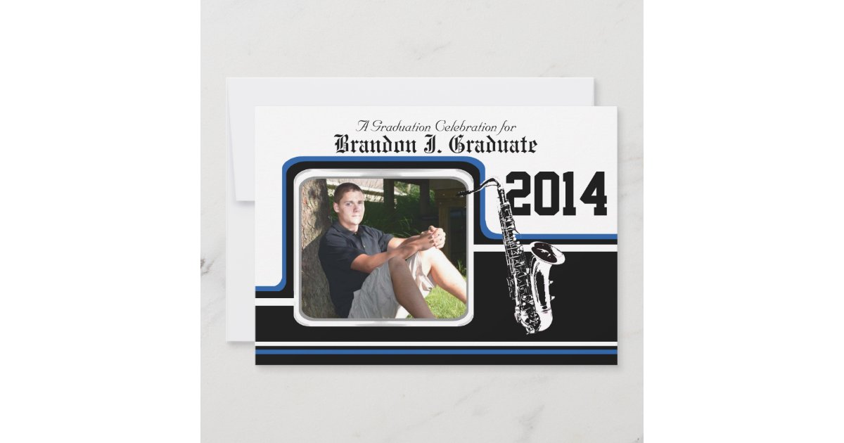 Marching Band Saxophone Graduation Photo Blue Invitation | Zazzle