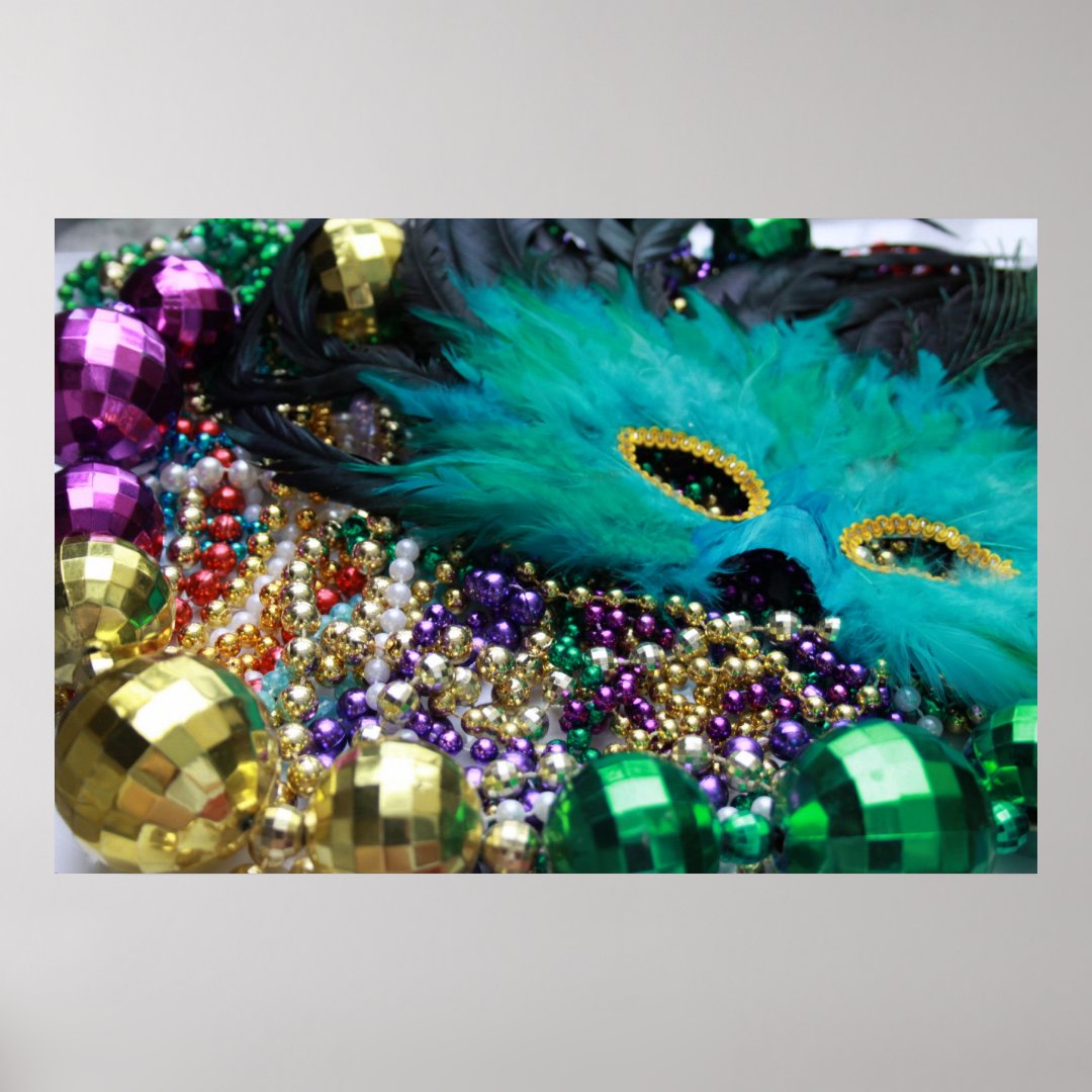 Mardi Gras Beads & Green Mask Poster Art Print | Zazzle