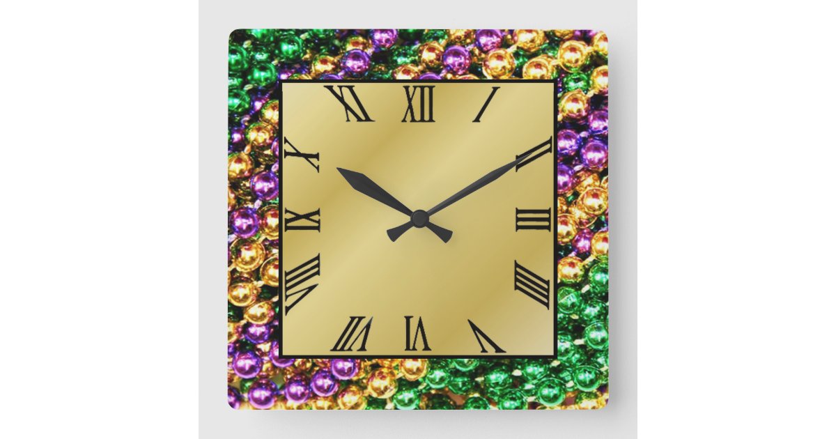 Mardi Gras Beads Square Wall Clock | Zazzle