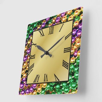 Mardi Gras Beads Square Wall Clock | Zazzle