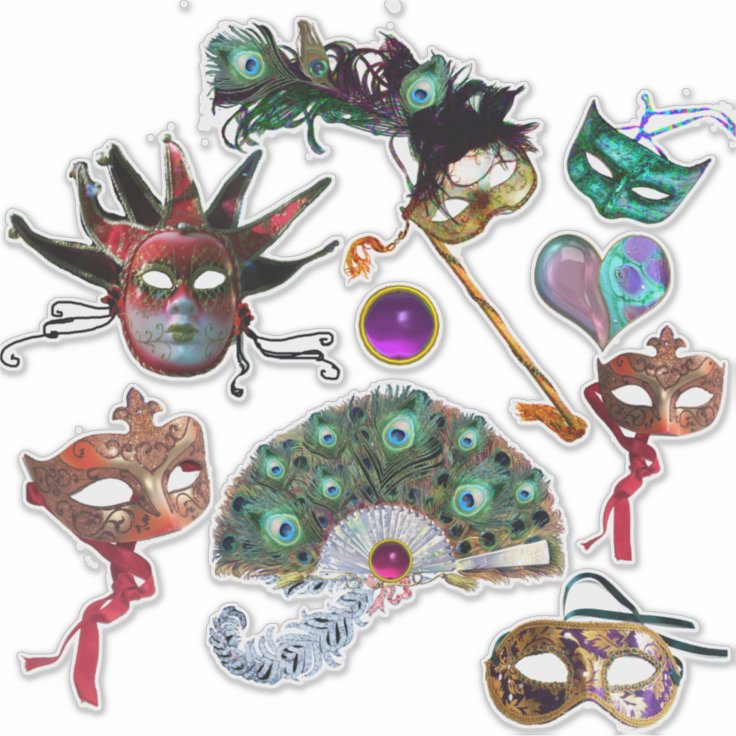 MARDI GRAS CARNIVAL MASKS, PEACOCK FEATHERS FAN STICKER | Zazzle