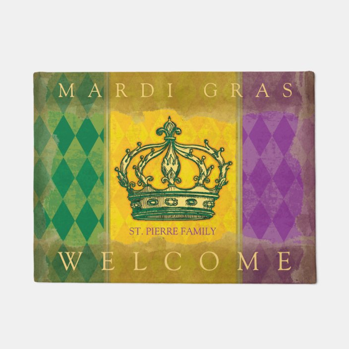 Mardi Gras Crown Purple Gold Family Name Welcome Doormat | Zazzle.com