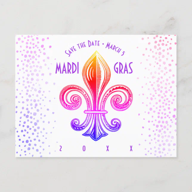 Mardi Gras Fleur De Lis Rainbow Confetti Invitation Postcard | Zazzle