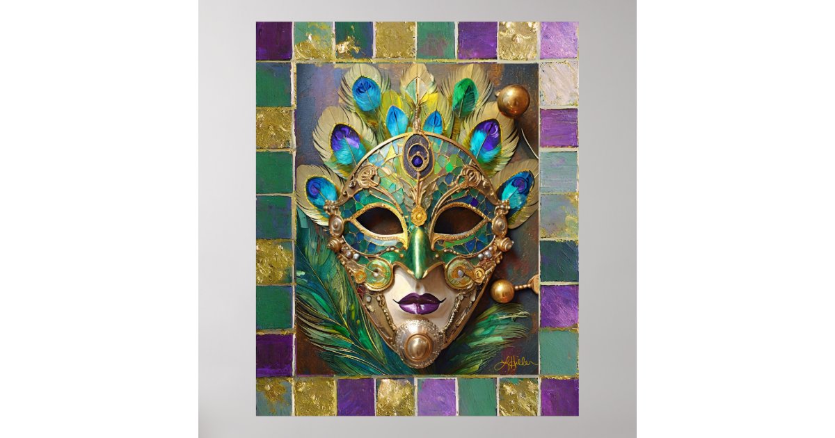 Mardi Gras Gold Ceramic Peacock Feather Mask Poster | Zazzle