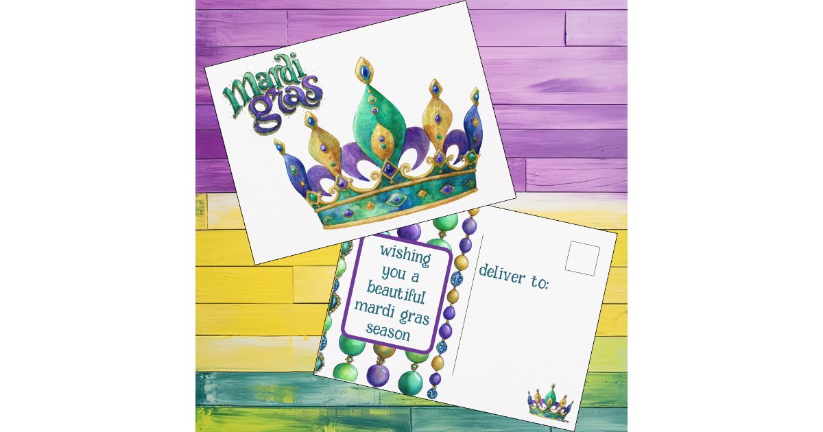 Mardi Gras Greeting with Crown and Beads Holiday Postcard | Zazzle