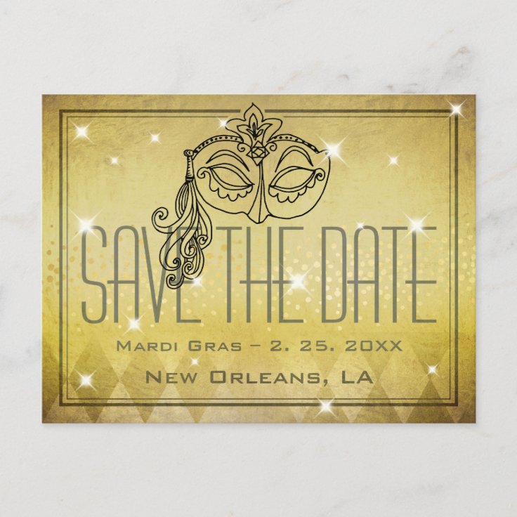 Mardi Gras Masquerade Mask Gold Save the Date Postcard | Zazzle
